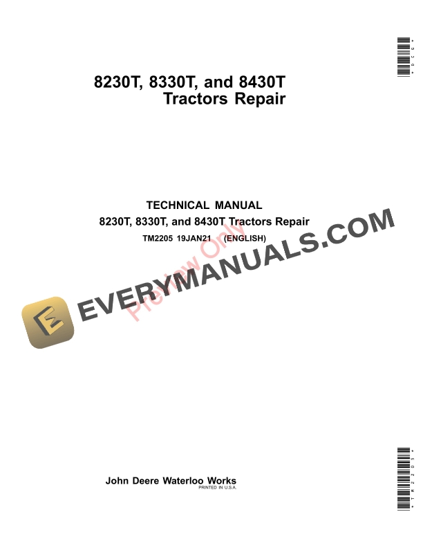 John Deere 8230T, 8330T, and 8430T Tractors Technical Manual TM2205 19JAN21