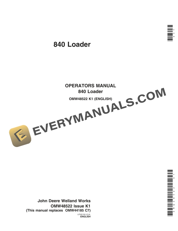John Deere 840 Loader Operator Manual OMW48522