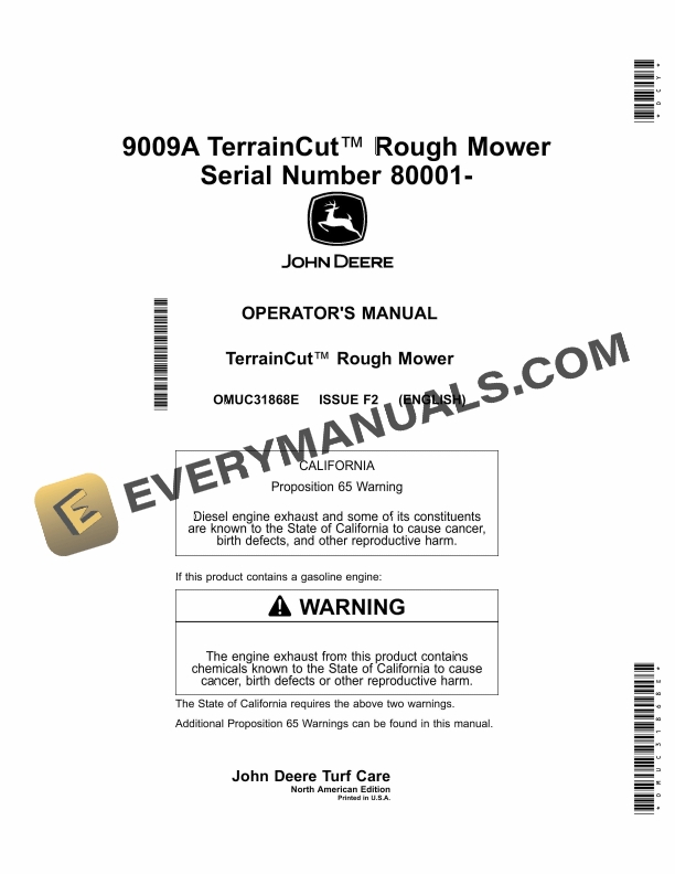 John Deere 9009A TerrainCut Rough Mower Operator Manual OMUC31868E