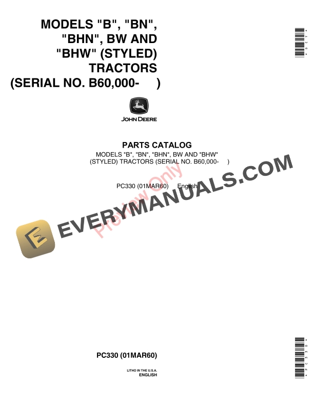 John Deere B, BN, BNH, BWH Tractors - Styled (B60000-) Parts Catalog ...