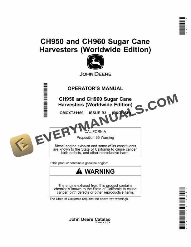 John Deere CH950 and CH960 Sugar Cane Harvesters Operator Manual OMCXT31169