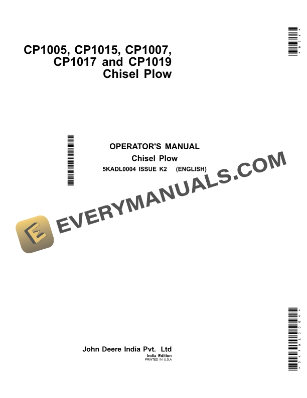 John Deere CP1005, CP1015, CP1007, CP1017 and CP1019 Chisel Plow Operator Manual 5KADL0004