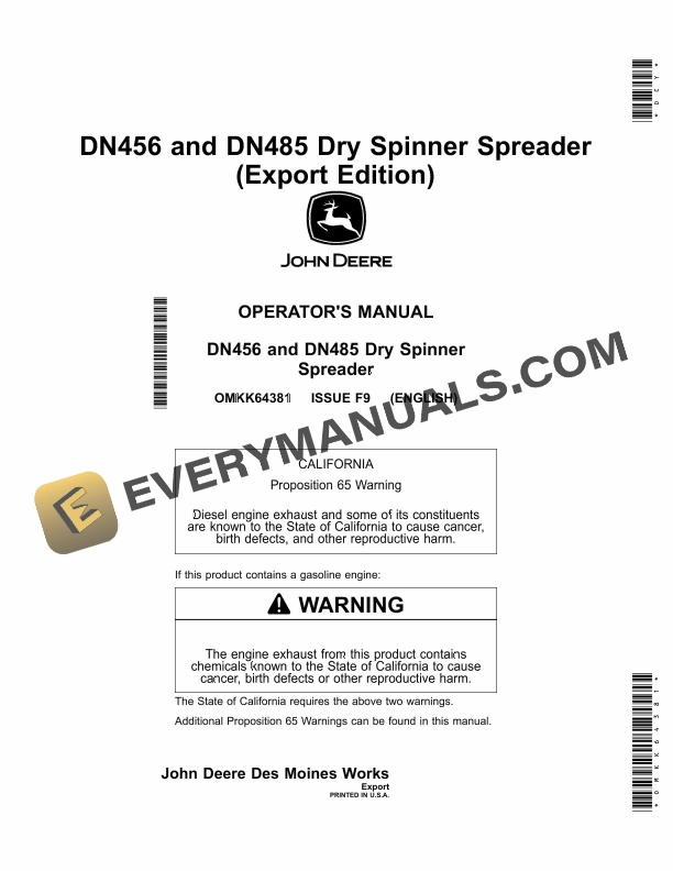 John Deere DN456 and DN485 Dry Spinner Spreader Operator Manual OMKK64381