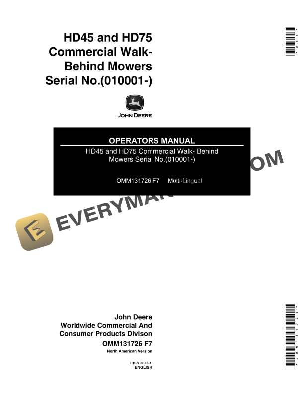 John Deere HD45 and HD75 Commercial Walk Operator Manual OMM131726