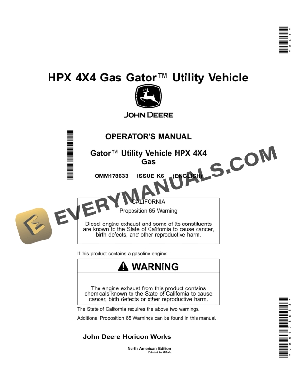 John Deere HPX 4X4 Gas Gator Utility Vehicles Operator Manual OMM178633