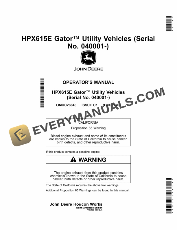 John Deere HPX615E Gator Utility Vehicles Operator Manual OMUC26648