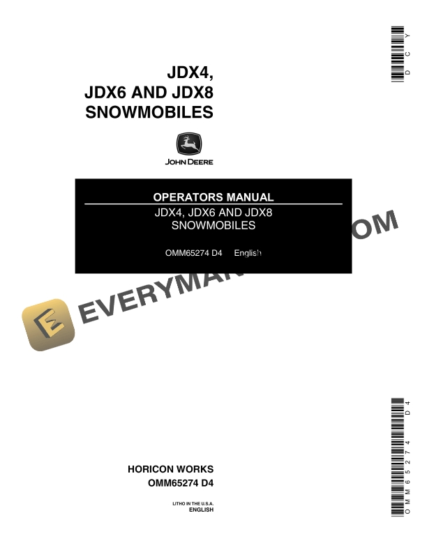 John Deere JDX4, JDX6 AND JDX8 SNOWMOBILE Operator Manual OMM65274