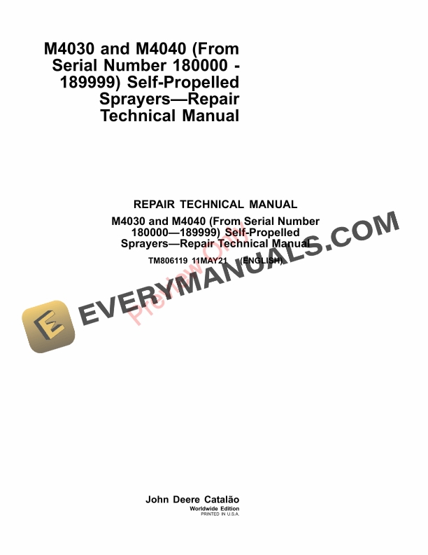 John Deere M4030 and M4040 Self-Propelled Sprayers (180000-189999 ...