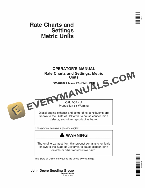 John Deere Rate CharTS and Settings Metric Units Operator Manual OMA84621