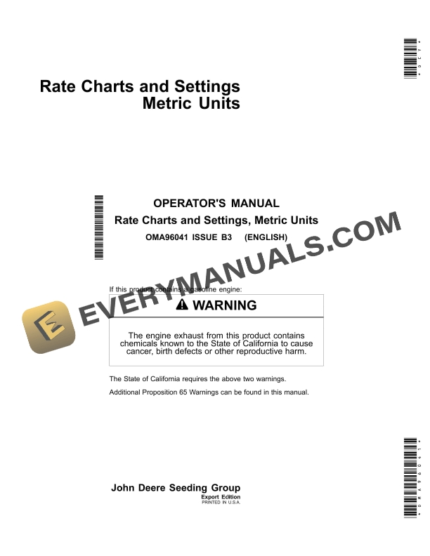 John Deere Rate Charts and Settings, Metric Units Operator Manual OMA96041