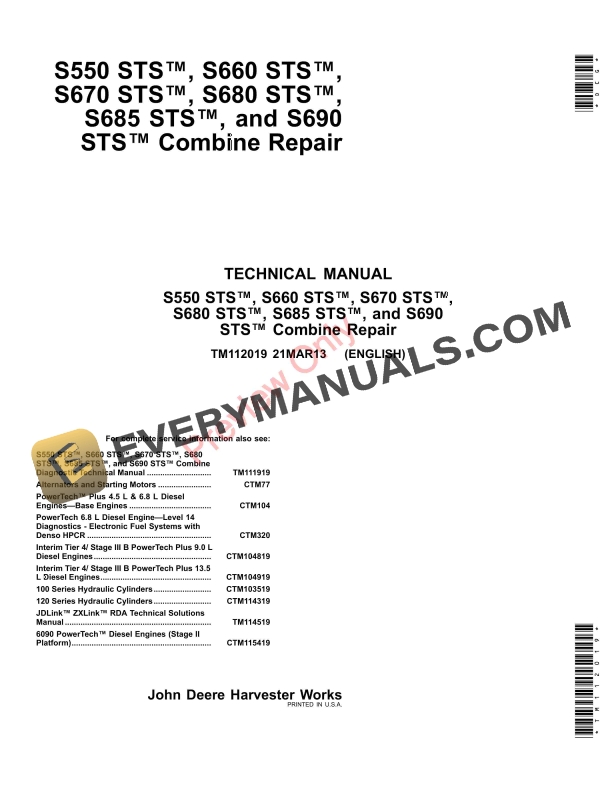 John Deere S550, S660, S670, S680 and S690 STS Combines Technical Manual TM112019 21MAR13