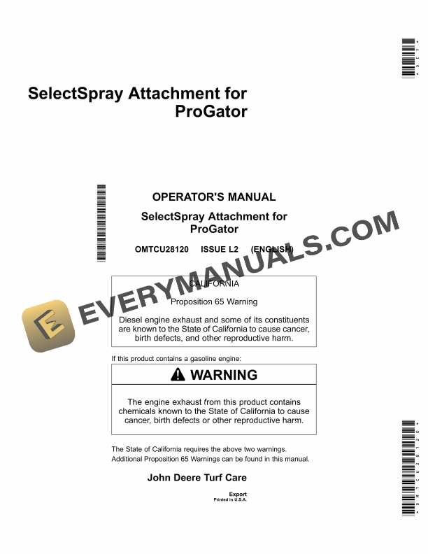 John Deere SelectSpray Attachment for ProGator Operator Manual OMTCU28120