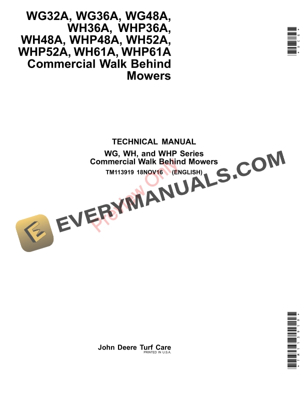 John Deere WG32A, WG36A, WG48A, WH36A, WHP36A, WH48A, WHP48A, WH52A ...