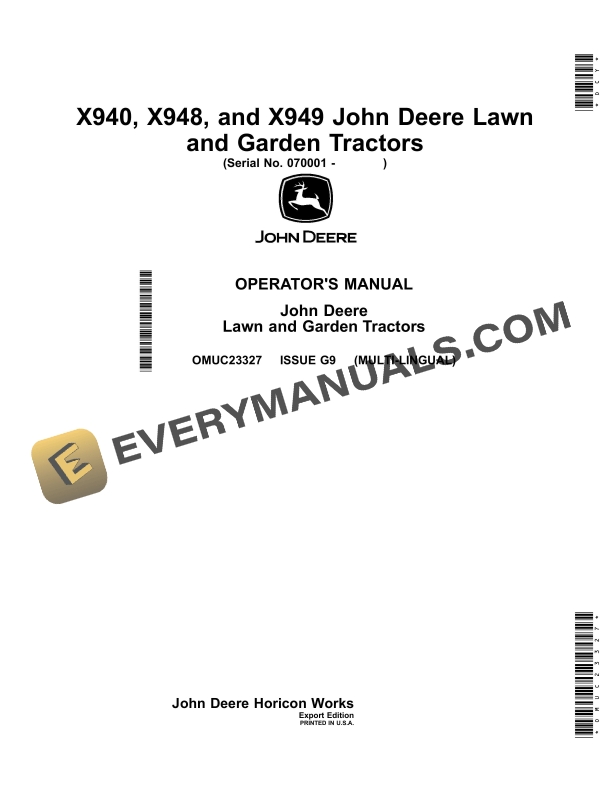John Deere X940, X948, and X949 Lawn and Garden Tractors Operator Manual OMUC23327