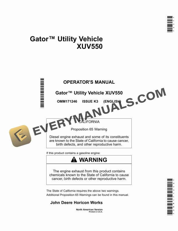 John Deere XUV550 Gator Utility Vehicles Operator Manual OMM171246