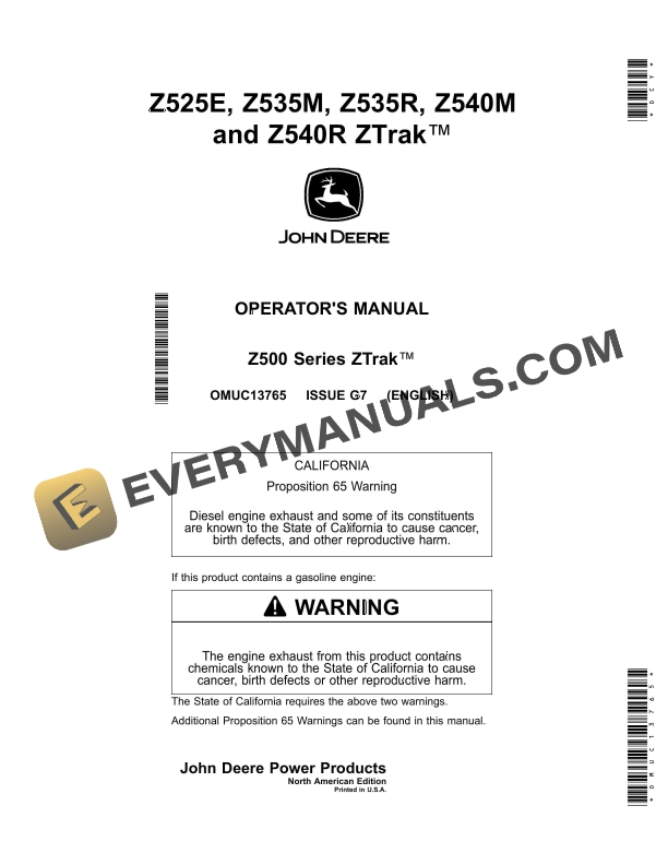 John Deere Z525E, Z535M, Z535R, Z540M, Z540R ZTrak Operator Manual ...