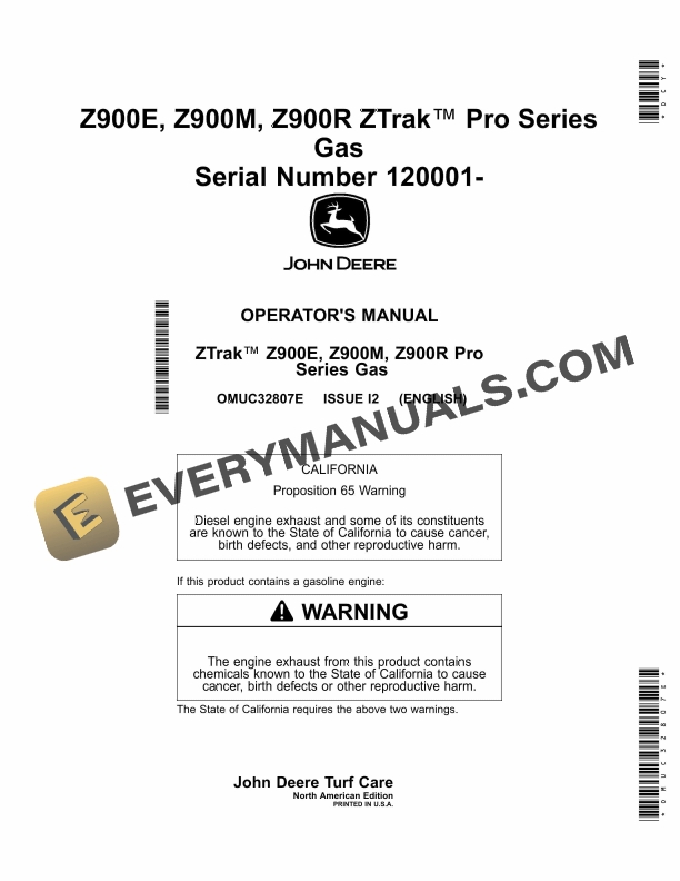 John Deere Z900E, Z900M, Z900R ZTrak Pro Series Gas Serial Number ...