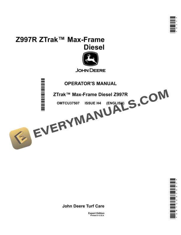 John Deere Z997r Ztrak Max Frame Diesel Operator Manual Omtcu37507 8620