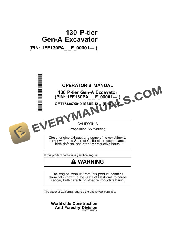 John Deere 130 P-tier Gen-A Excavator Operator Manual OMT473387X019