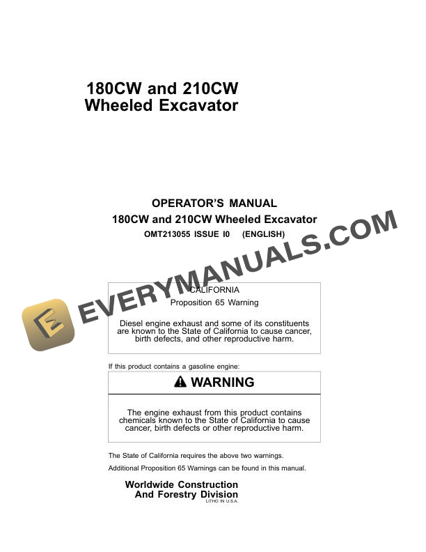 John Deere 180CW 210CW Wheeled Excavator Operator Manual OMT213055