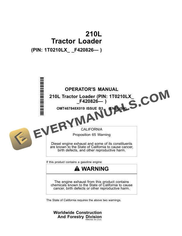 John Deere 210l Tractor Loader Operator Manual Omt467848x019