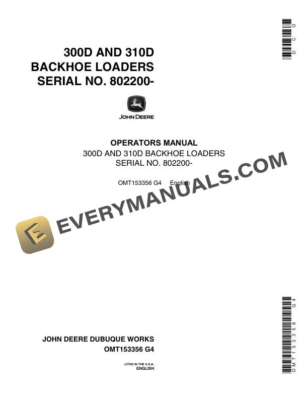 John Deere 300D 310D Backhoe Loader Operator Manual OMT153356