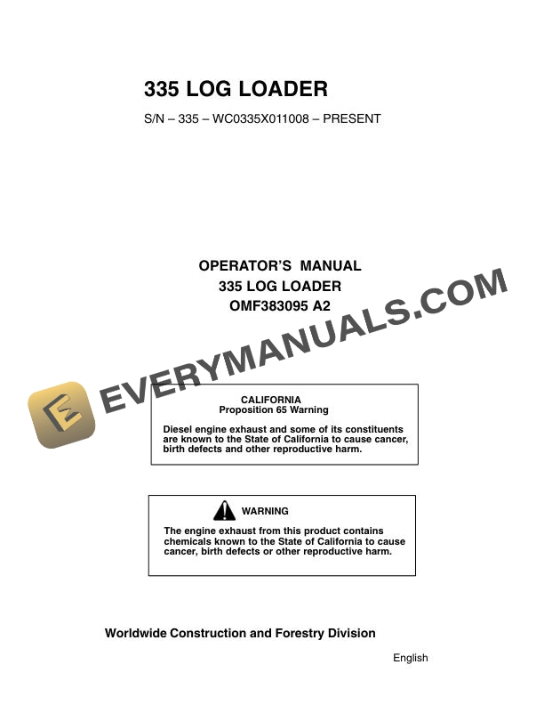 John Deere 335 Log Loader Operator Manual OMF383095