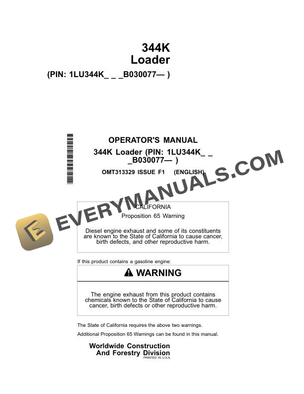 John Deere 344K Loader Operator Manual OMT313329