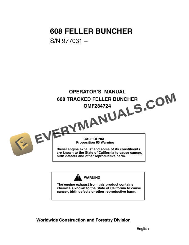 John Deere 608 Tracked Feller Buncher Operator Manual OMF284724