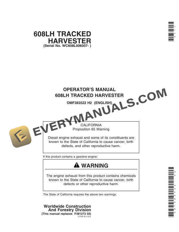 John Deere 608LH Tracked Harvester Operator Manual OMF383522