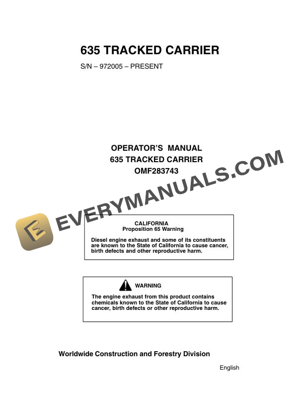 John Deere 635 Tracked Carrier Operator Manual OMF283743