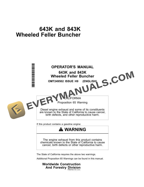 John Deere 643K 843K Wheeled Feller Buncher Operator Manual OMT249502