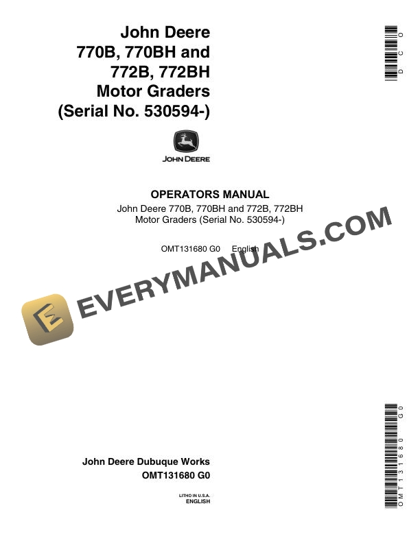 John Deere 770B, 770BH, 772B, 772BH Motor Grader Operator Manual OMT131680