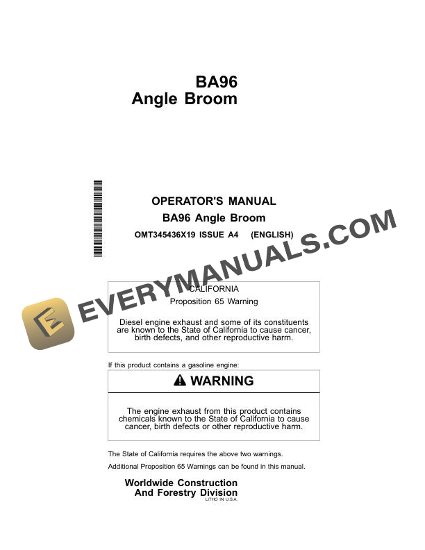 John Deere BA96 Angle Broom Operator Manual OMT345436X19