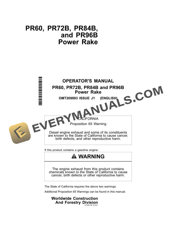 John Deere PR60, PR72B, PR84B, PR96B Power Rake Operator Manual OMT209893