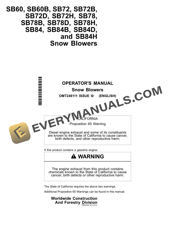 John Deere SB60 to SB84H Snow Blower Operator Manual OMT248111