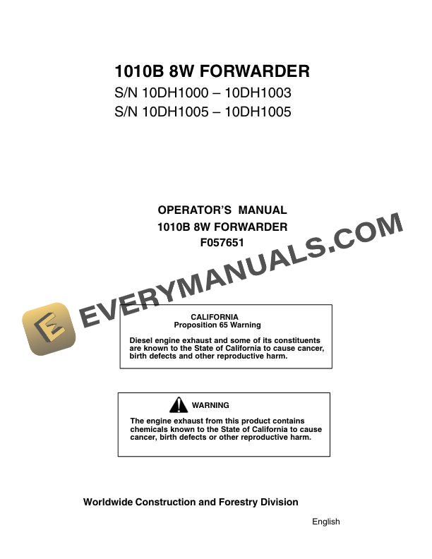 John Deere Timberjack 1010 Forwarder Operator Manual F047242