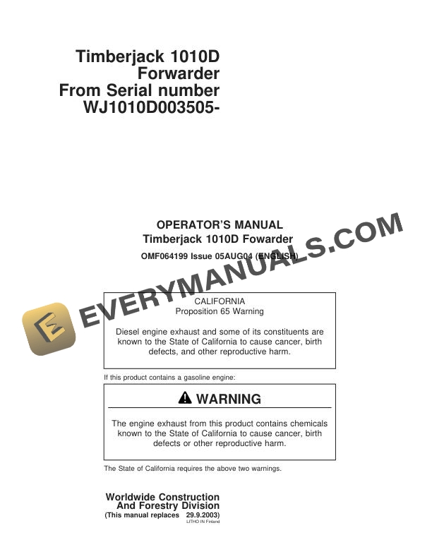 John Deere Timberjack 1010D Forwarder Operator Manual F064199
