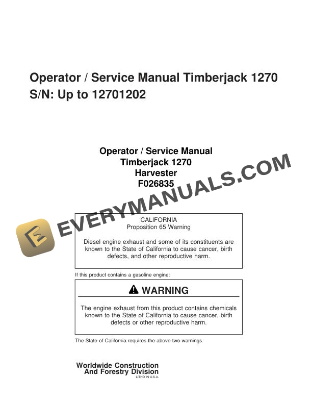 John Deere Timberjack 1270 Harvester Operator Manual F026835