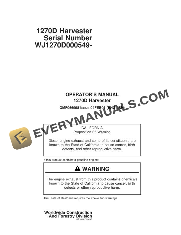 John Deere 1270D Harvester Operator Manual OMF066998