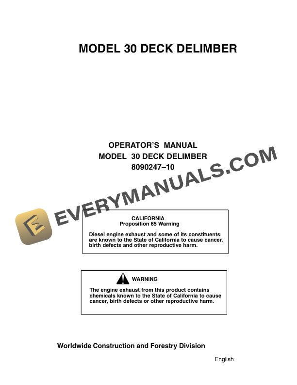 John Deere Timberjack 30 Deck Delimber Operator Manual 8090247-10