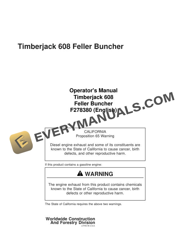 John Deere Timberjack 608 Feller Buncher Operator Manual F278380