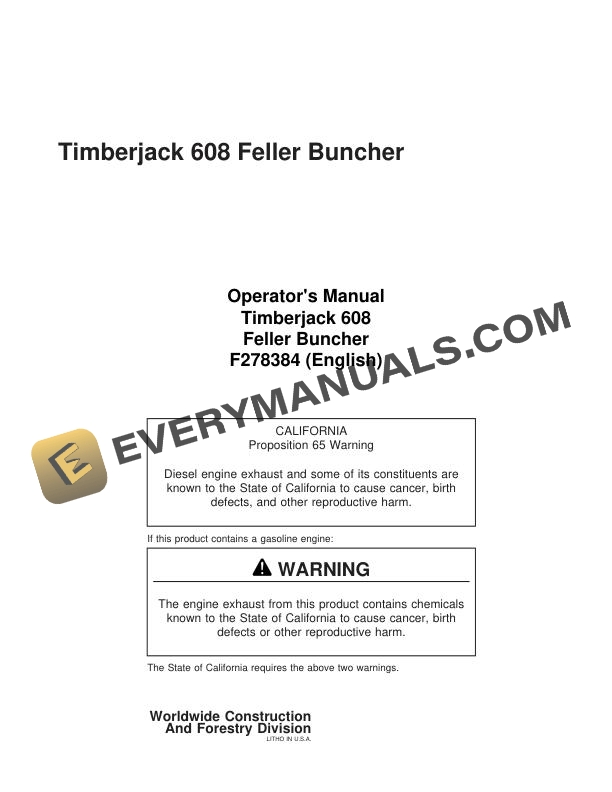 John Deere Timberjack 608 Feller Buncher Operator Manual F278380