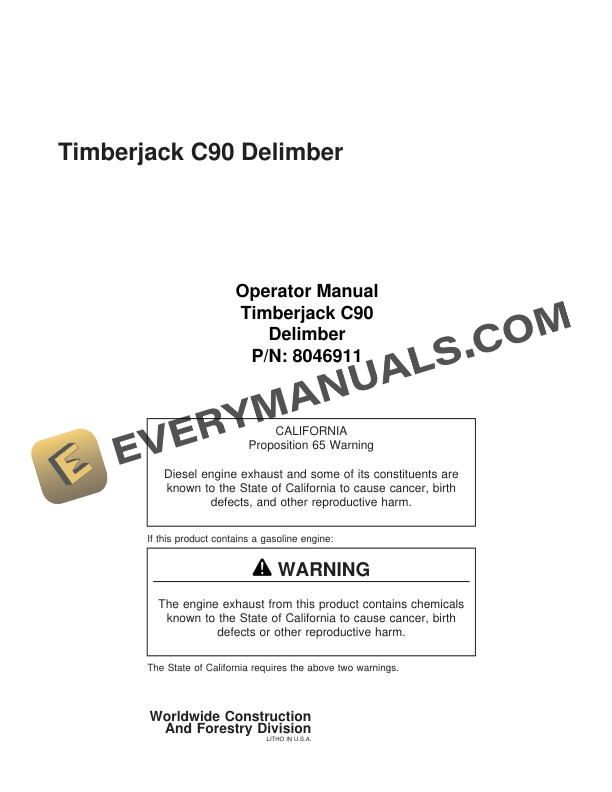 John Deere Timberjack C90 Delimber Operator Manual 8046911
