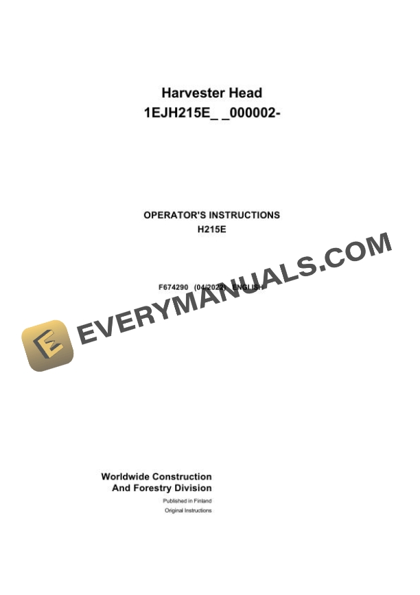 John Deere H215E Harvester Head Operator Instruction F674290