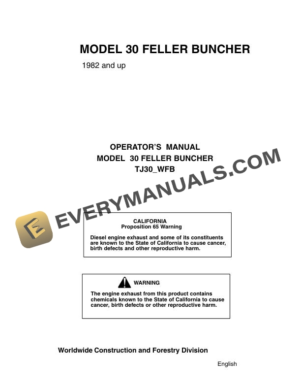 John Deere Timberjack Model 30 Feller Buncher Operator Manual TJ30WFB