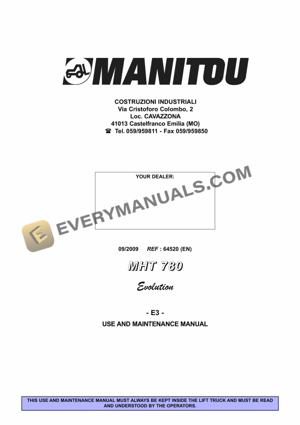 Manitou MHT 780 Evolution E3 Use and Maintenance Manual 64520EN