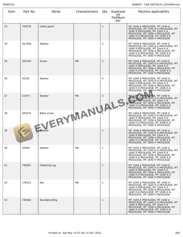 Manitou MT 1440 A Privilege, MT 1840 A Privilege Parts Manual 547964